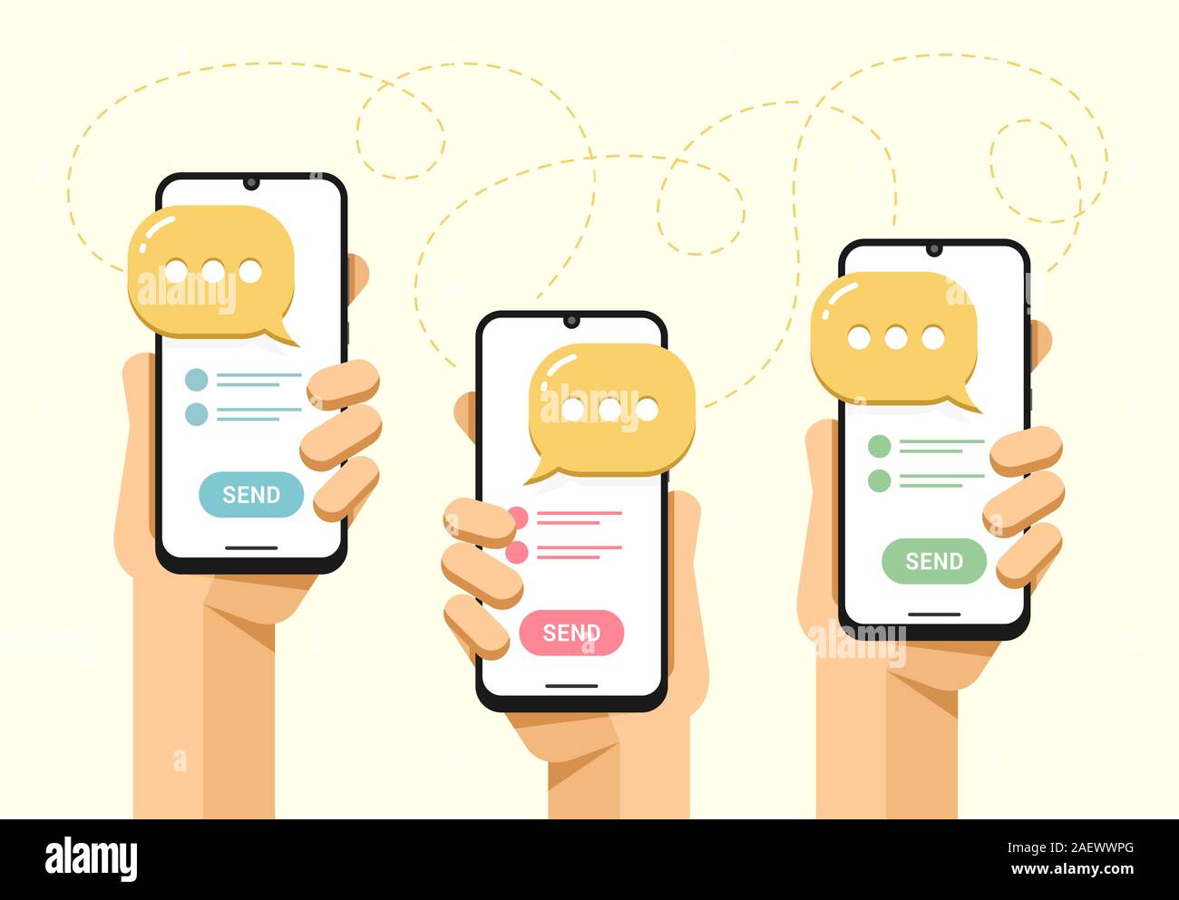 Smartphone mockup in human hand. Messaging with a lot people. SMS send ...