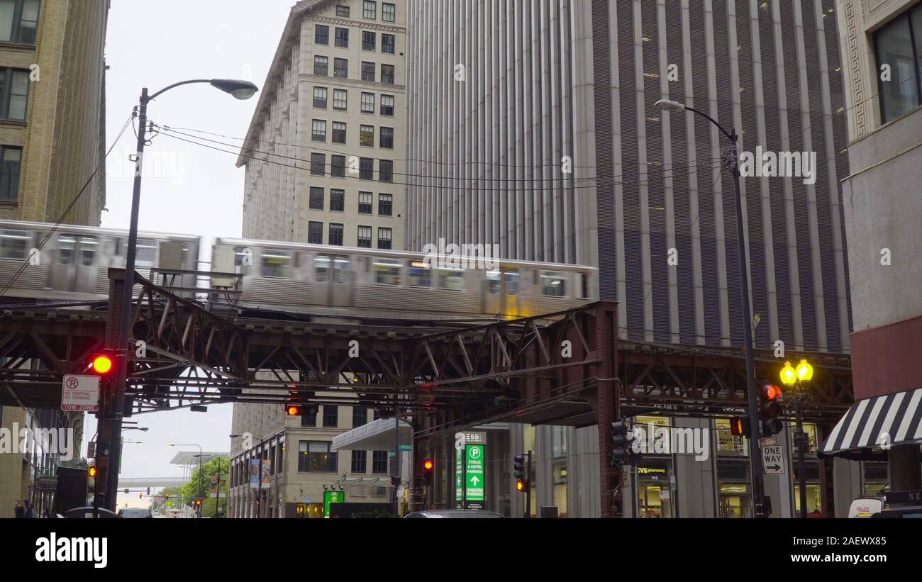 Chicago, USA - Circa 2019: loop train passing overhead busy downtown ...