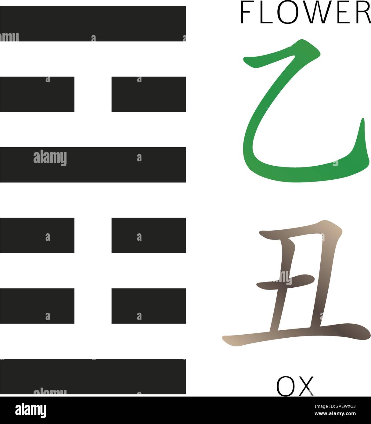 Symbol of i ching hexagram from chinese hieroglyphs. Translation of 12 ...