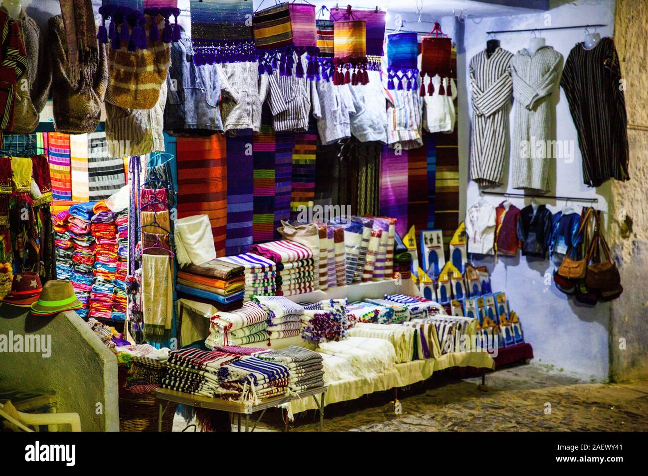 Colorful traditional moroccan fabrics on street market in Chefchaouen ...