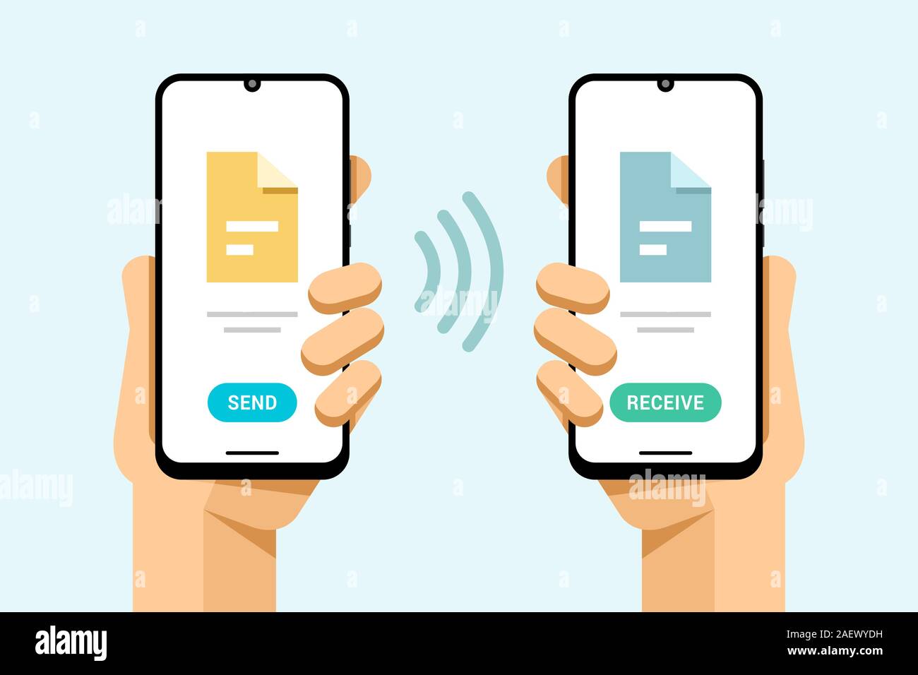 Smartphone mockup in human hand. Wireless send and receive file from ...