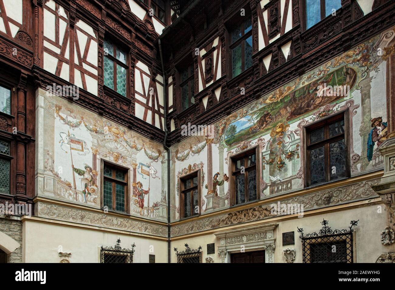 Peles Castle hand-painted murals and ornate fachwerk close-up, Sinaia ...