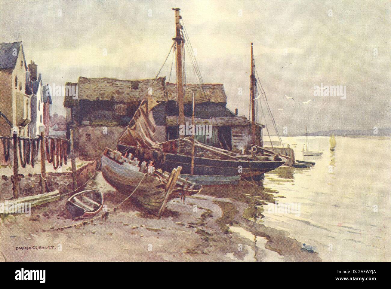 The Exe at Topsham, Exeter. Devon. By Ernest Haslehust 1920 old vintage ...