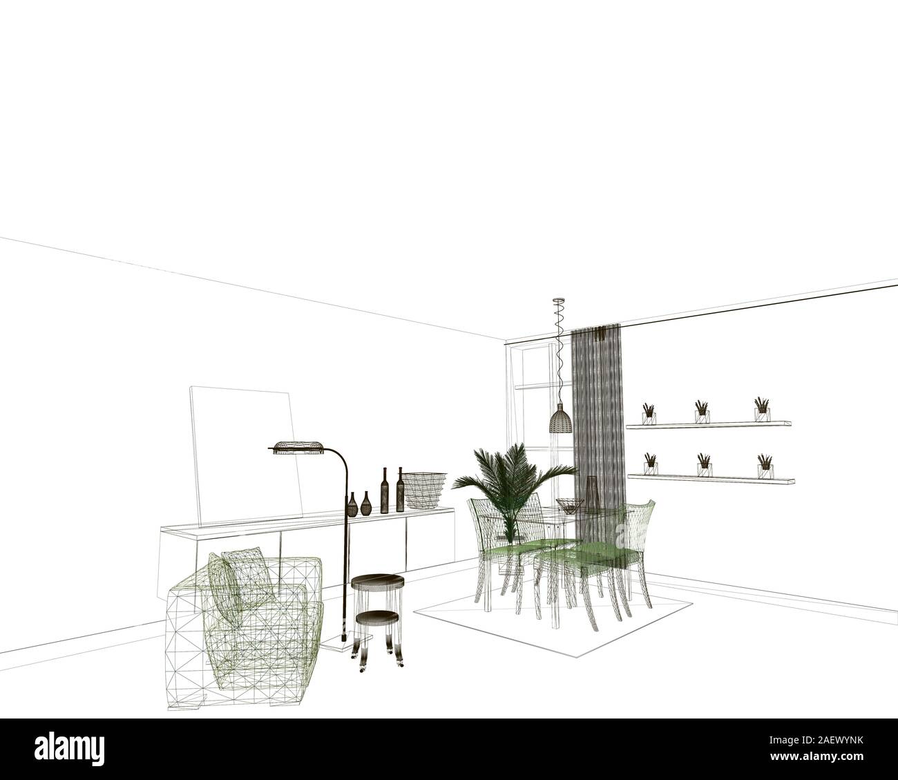 Interior wireframe made of lines Isolated on a white background. 3D ...