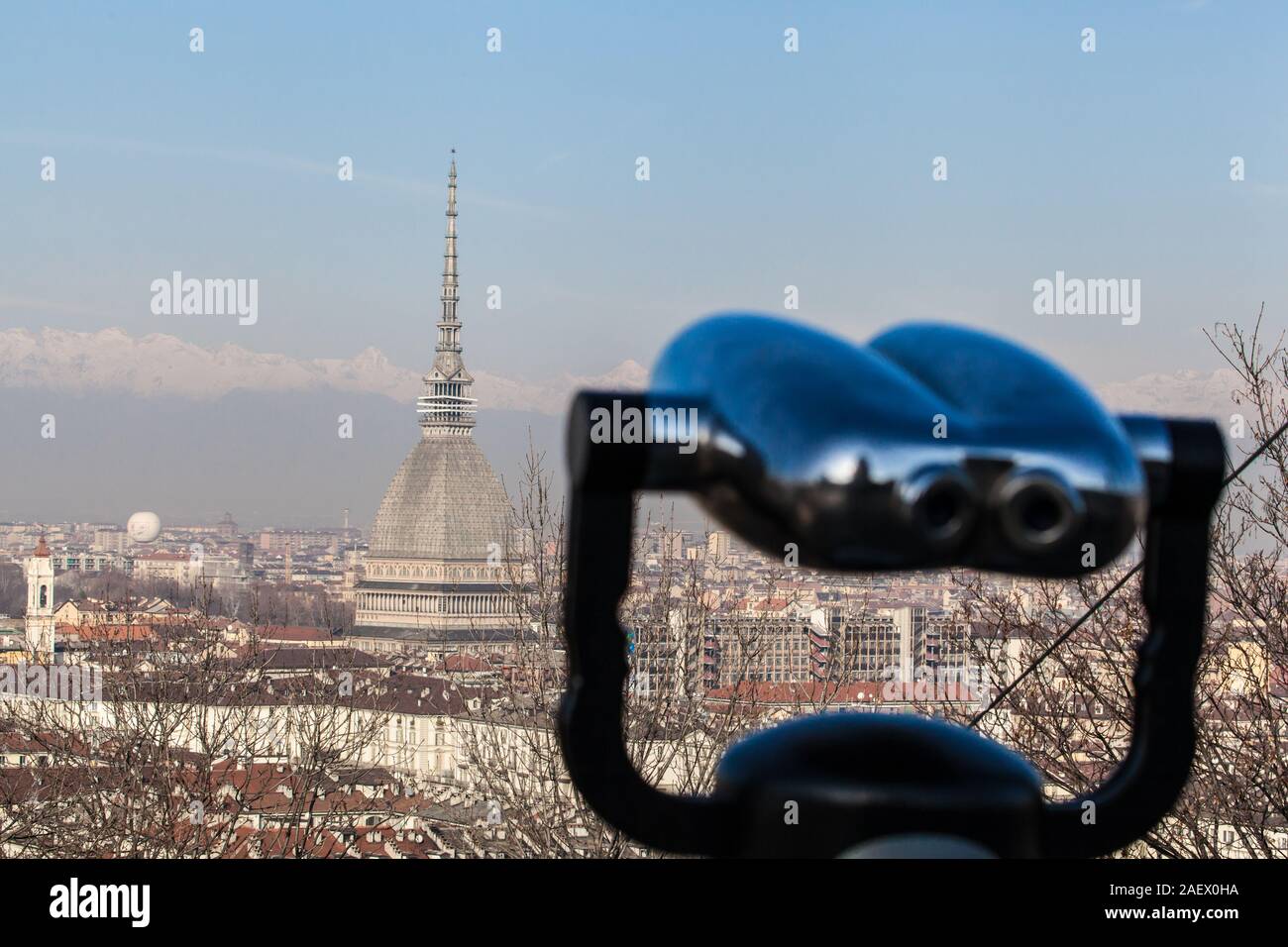 Turin Alps Skyline. View Over the city with rooftops and La Mole ...