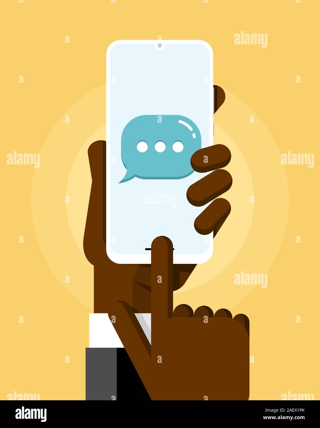 Smartphone mockup in human hand. SMS message send. Social media network ...
