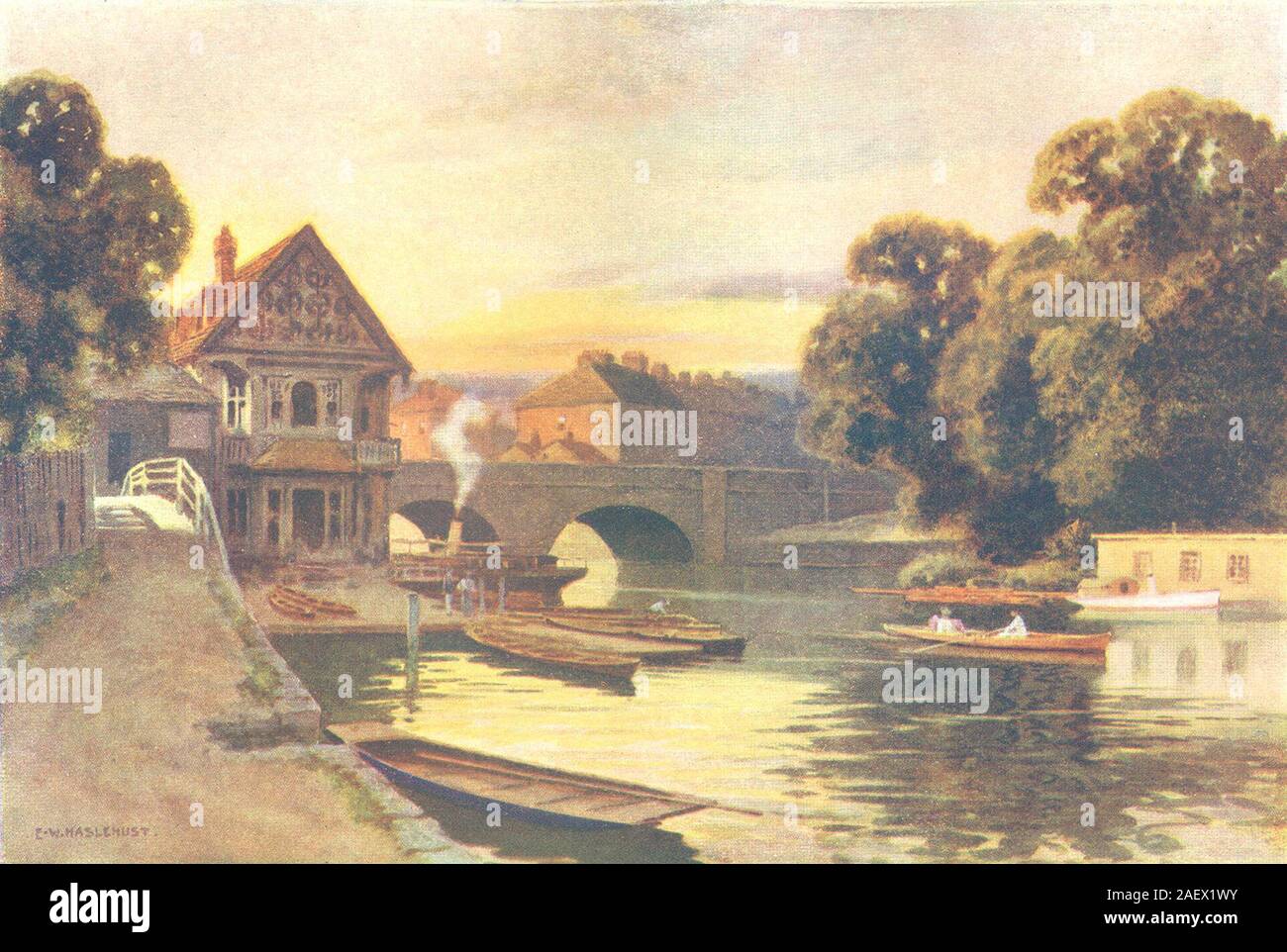 Folly bridge, Oxford. Oxfordshire. By Ernest Haslehust 1920 old vintage ...