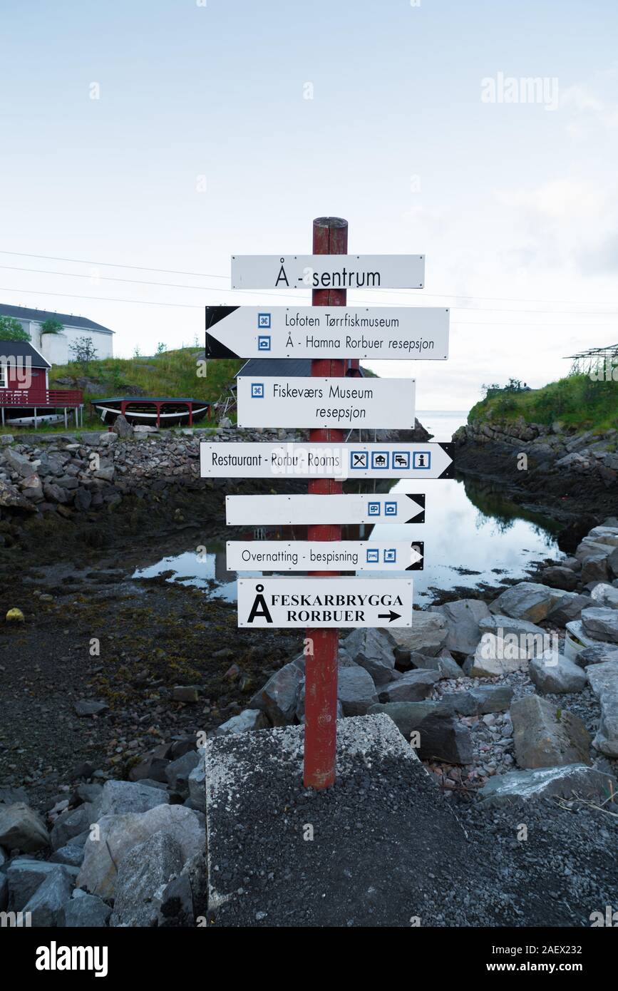 a lot of directional signs in the small fishing village of Å on the ...