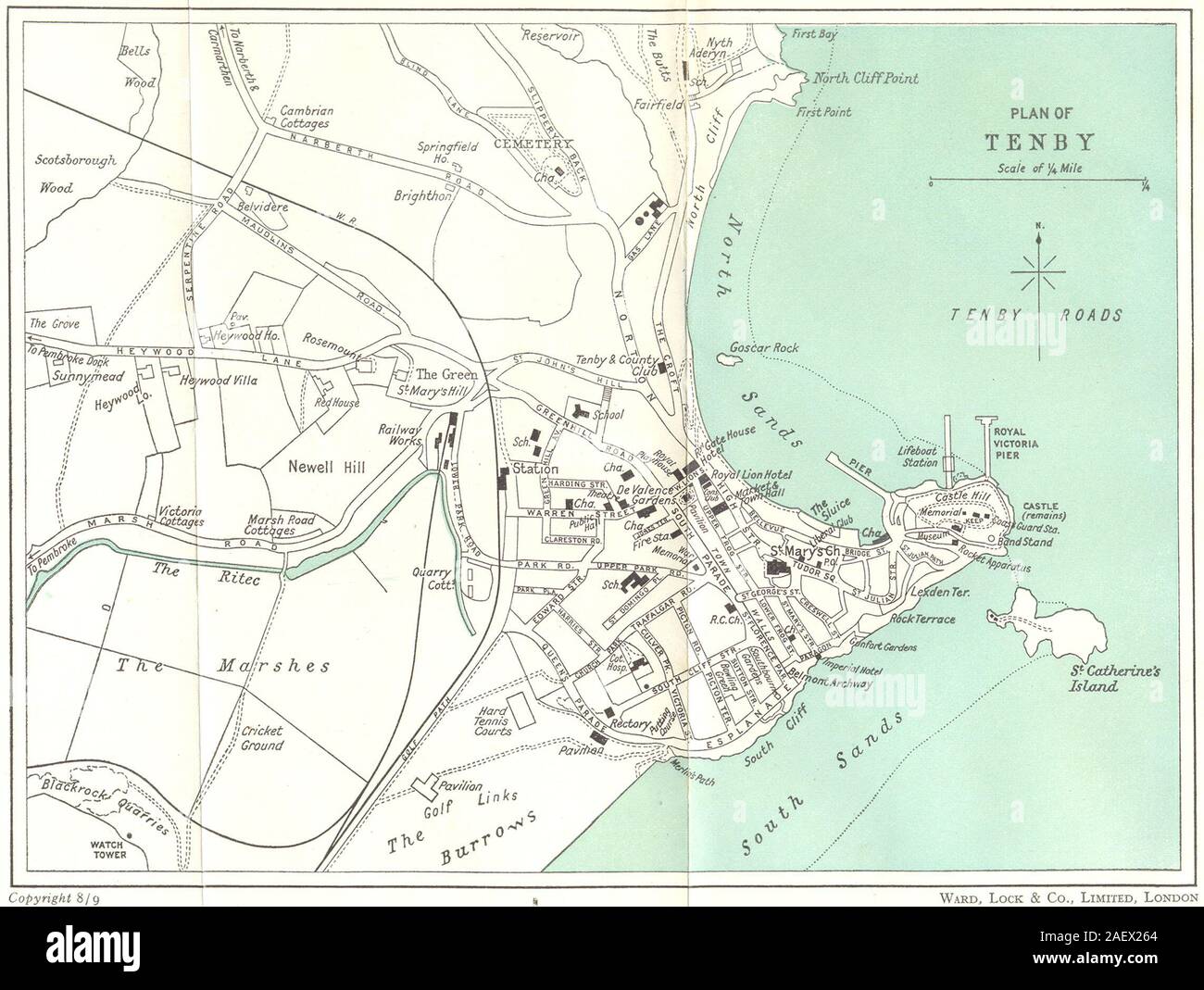 TENBY vintage town/city plan. Wales. WARD LOCK 1950 old vintage map ...