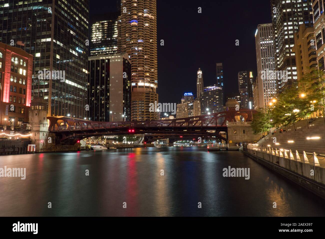 Chicago, USA - Circa 2019: Night time over of Chicago river skyline at ...