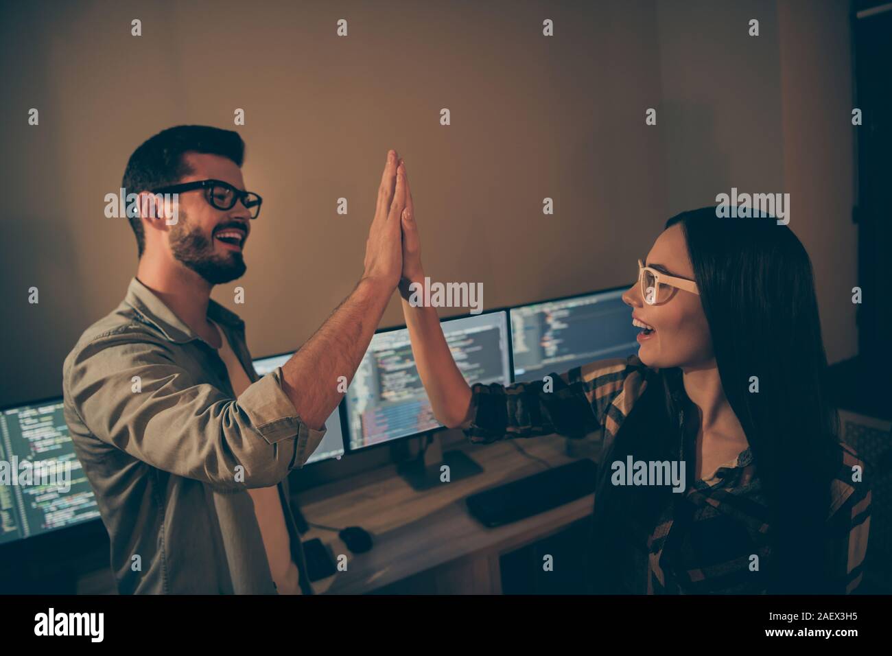 Done. Profile photo of it specialist guy lady two business people work ...