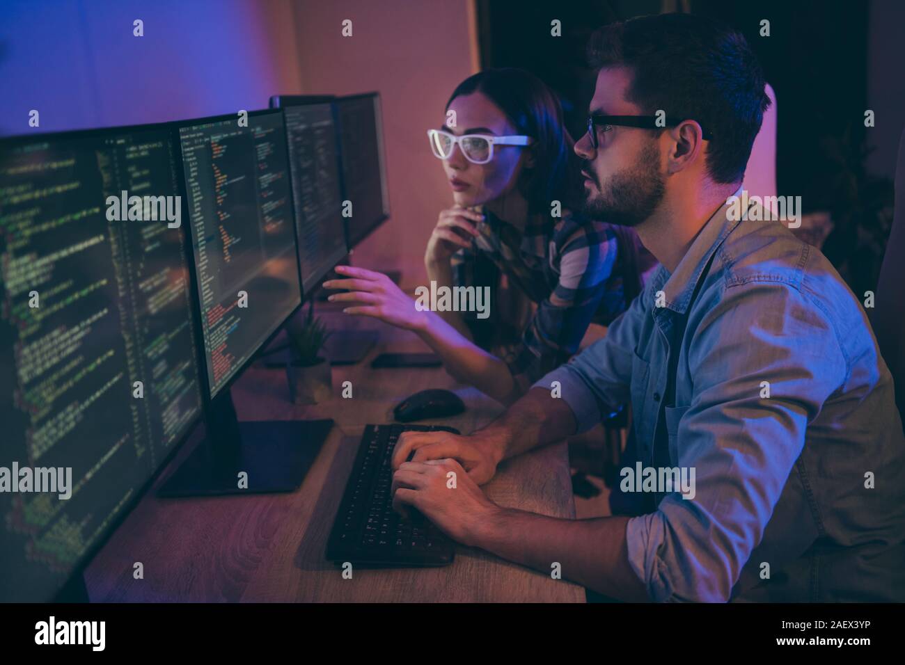 Profile photo of it specialist two guy lady business people sit night ...