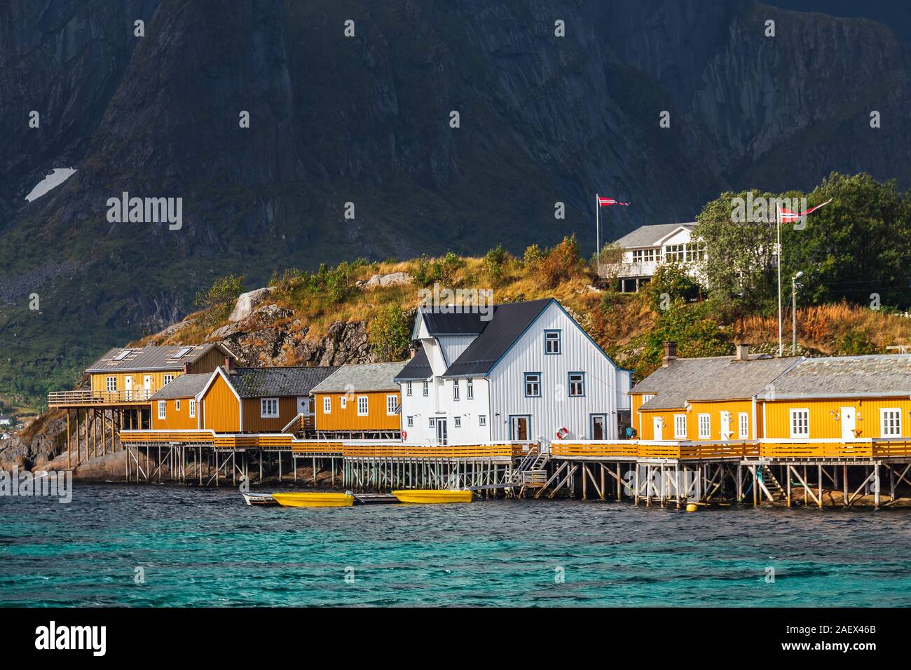 A yellow fishing cabins in Sakrisoy, a small fishing village in ...