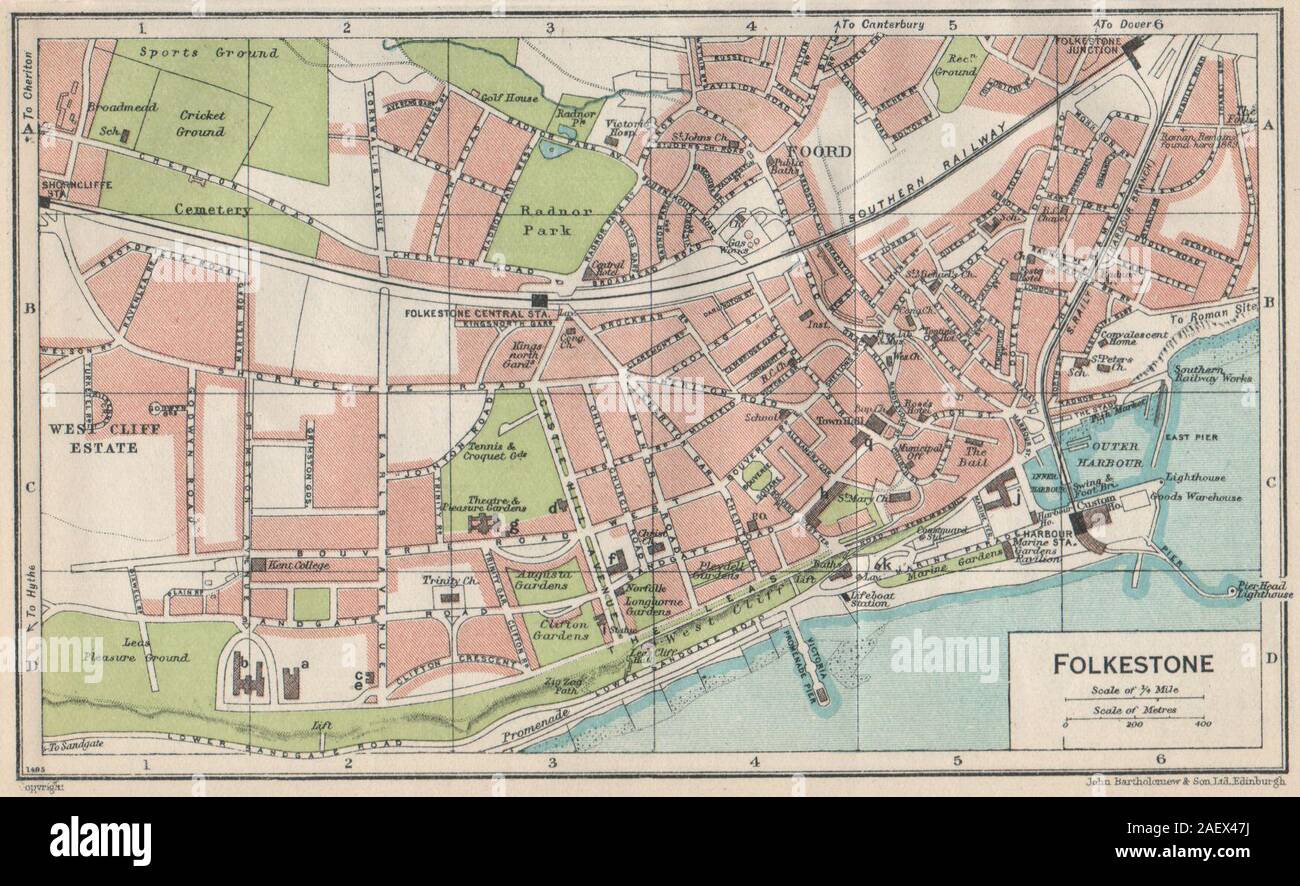 FOLKESTONE. Vintage town city map plan. Kent 1950 old vintage chart ...