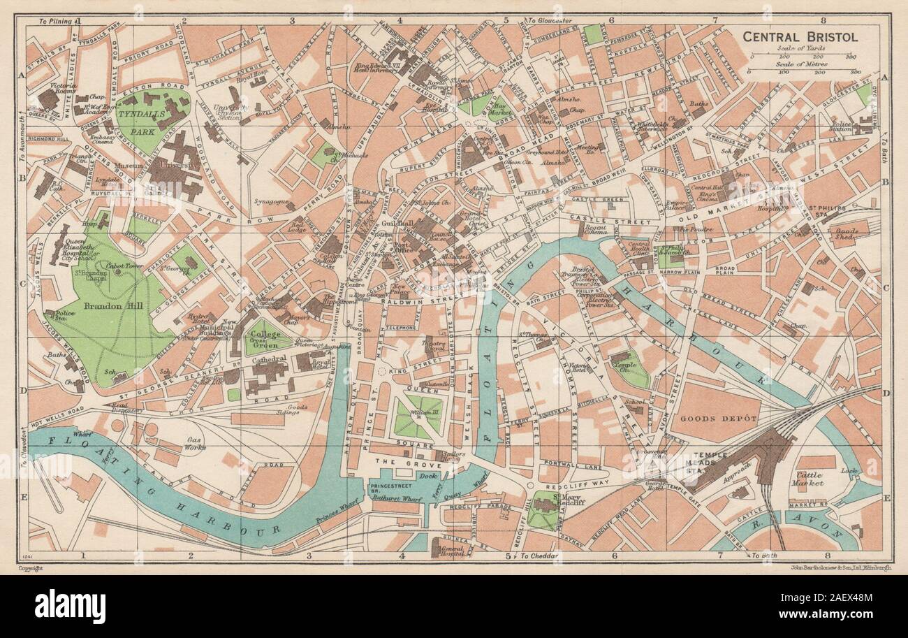 BRISTOL CENTRAL. Vintage town city map plan. Gloucestershire 1950 old ...