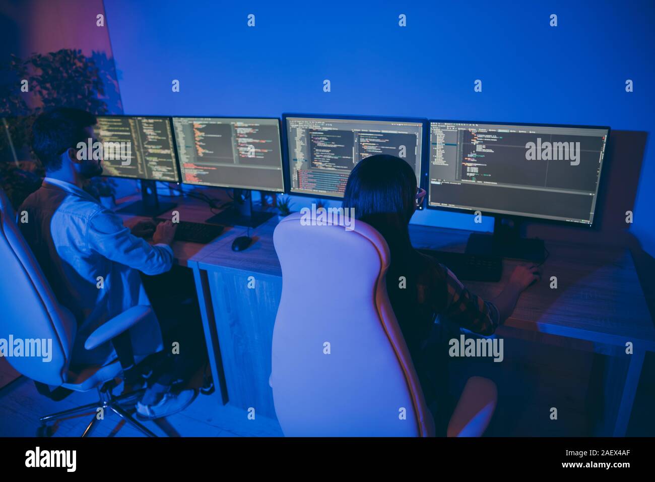 Rear behind view photo of it specialist two people guy lady business ...