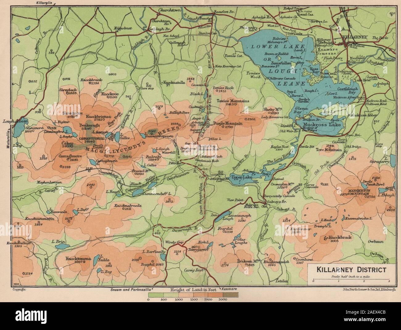 KILLARNEY LAKES. Vintage map. Ireland. Lough Leane. Macgillycuddy's ...