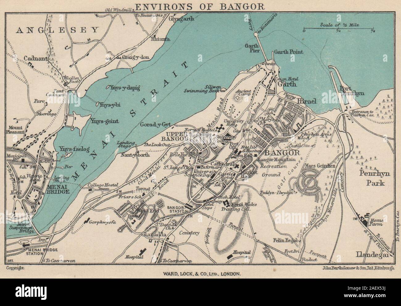 BANGOR vintage town/city plan. Menai Bridge. Wales. WARD LOCK 1950 old ...