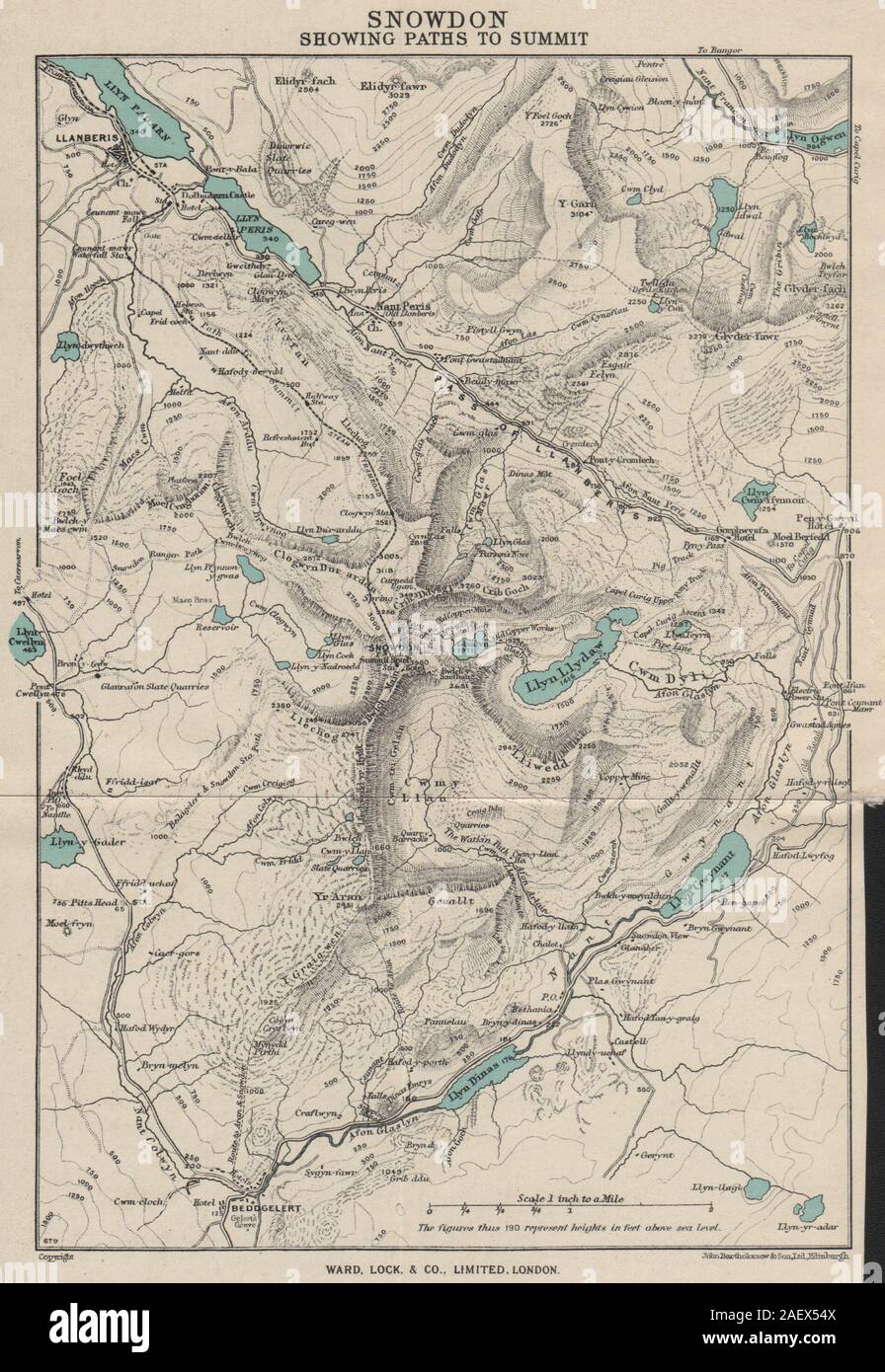 SNOWDON SHOWING PATHS TO SUMMIT. Llanberis. WARD LOCK 1950 old vintage ...