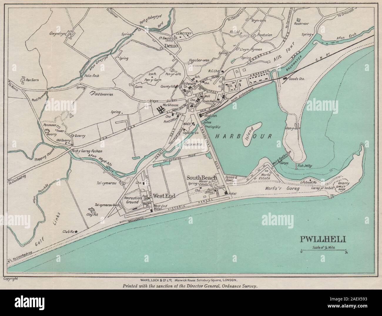 PWLLHELI vintage town/city plan. Wales. WARD LOCK 1948 old vintage map ...