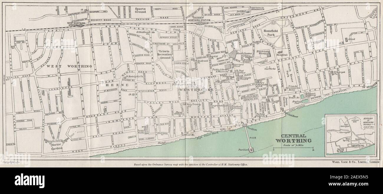 CENTRAL WORTHING vintage town/city plan. Sussex. WARD LOCK 1950 old map ...