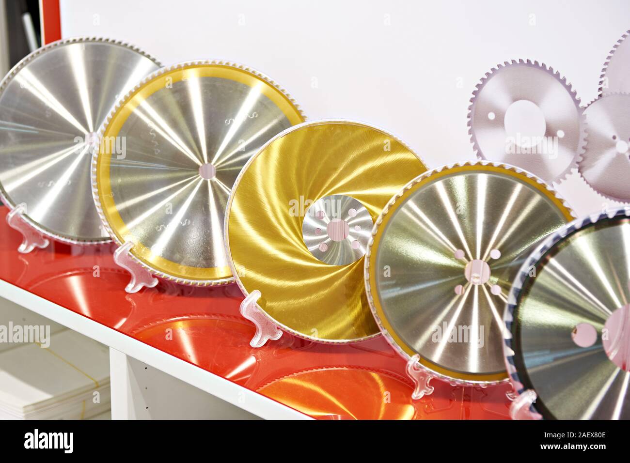 Circular saw machine blades disc in store Stock Photo - Alamy