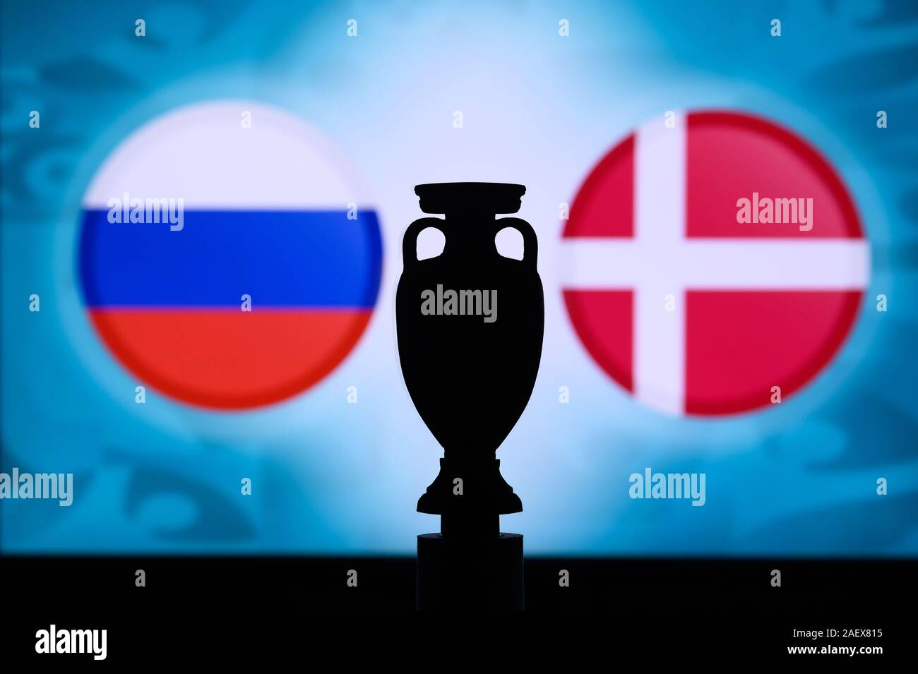 Russia vs Denmark, Euro National flags, and football trophy silhouette ...