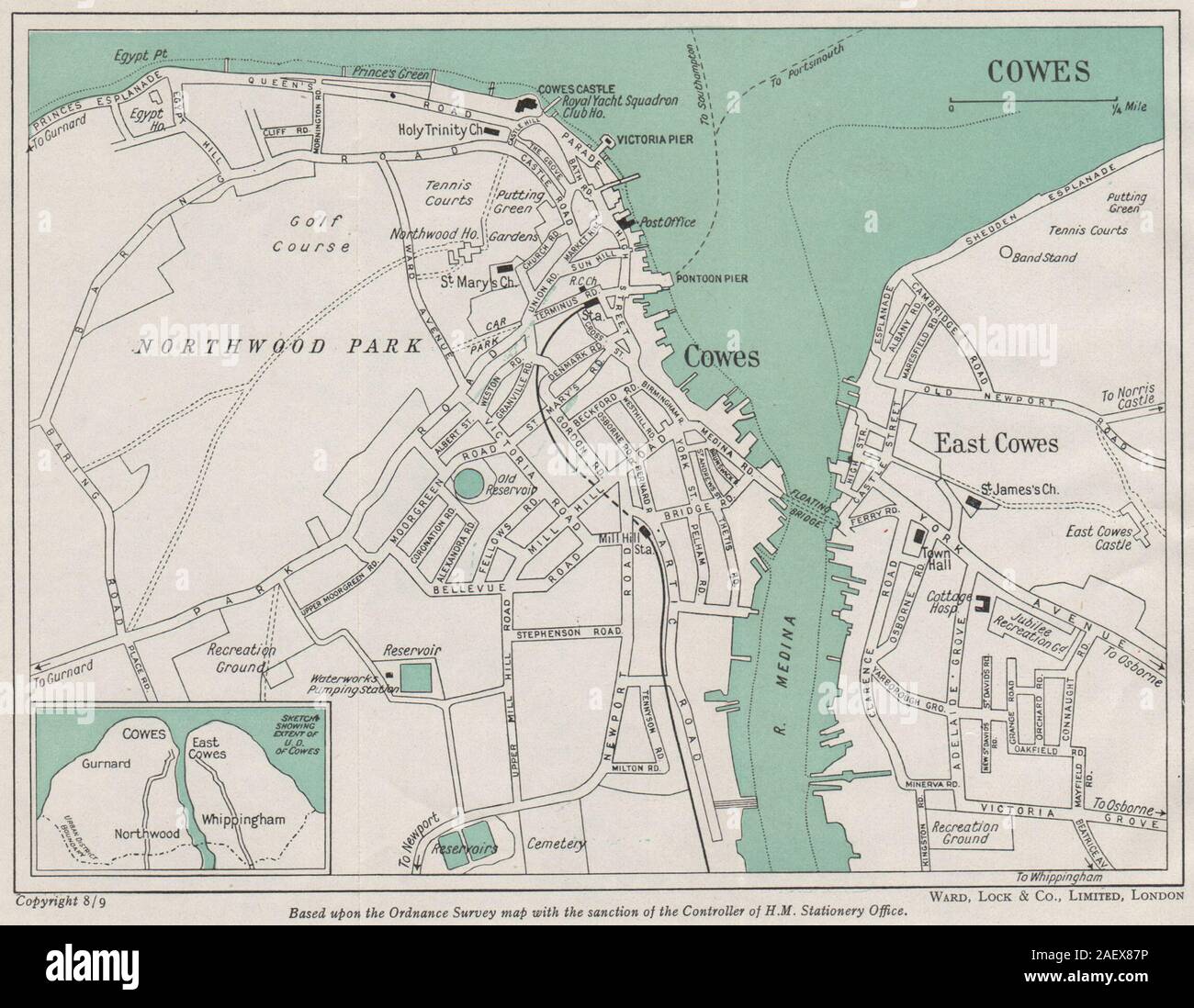 COWES vintage town/city plan. Isle of Wight. WARD LOCK 1948 old vintage ...