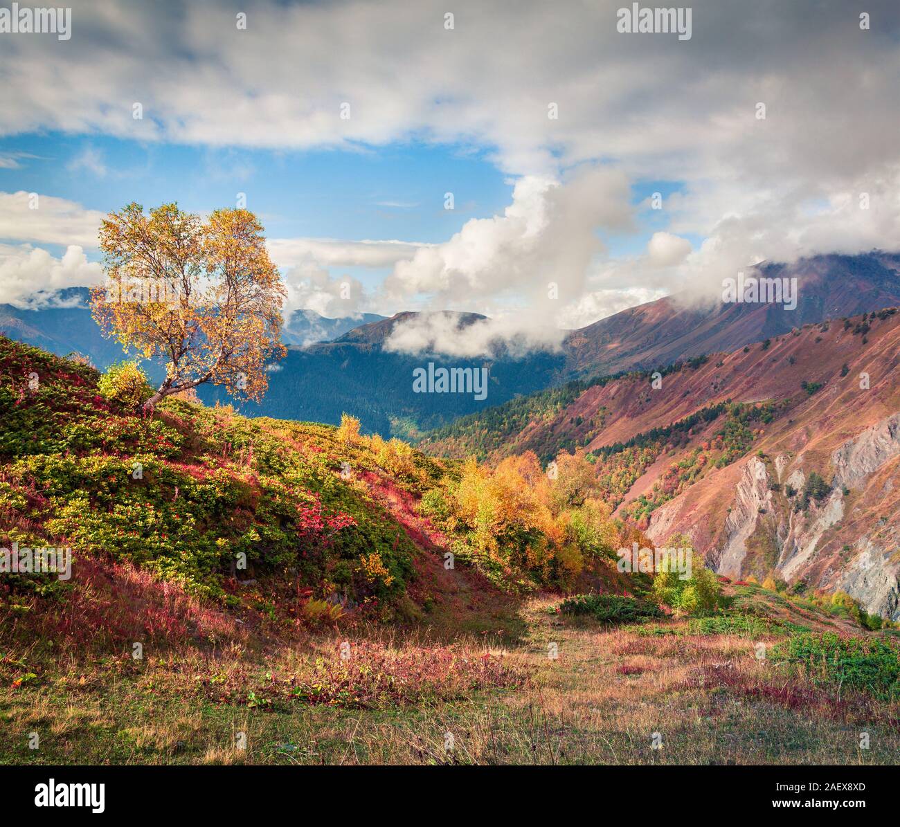 Colorful slopes of the Caucasus Mountains. Sunny autumn scene in the ...