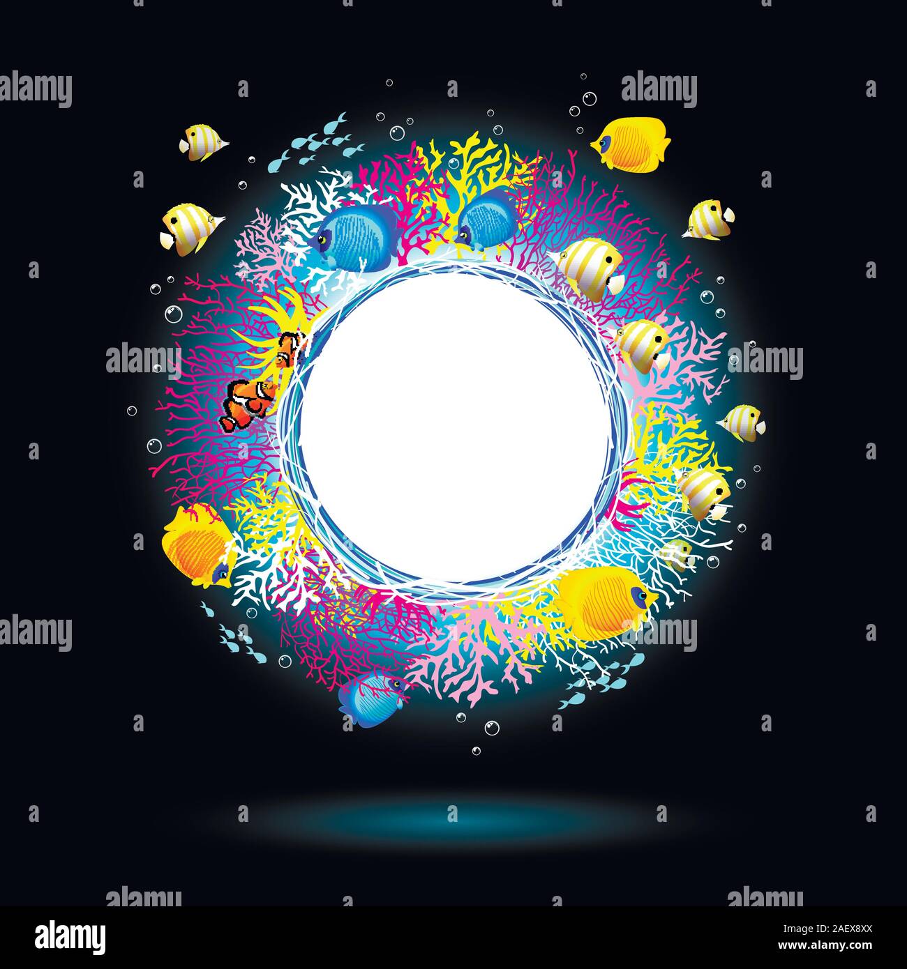 wreath of corals and bright sea fish on a black background Stock Vector ...