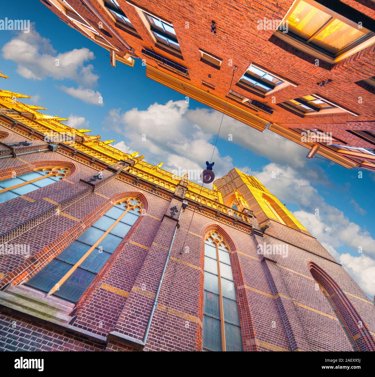 Elements of authentic Dutch architecture, wide angle shot in Amsterdam ...