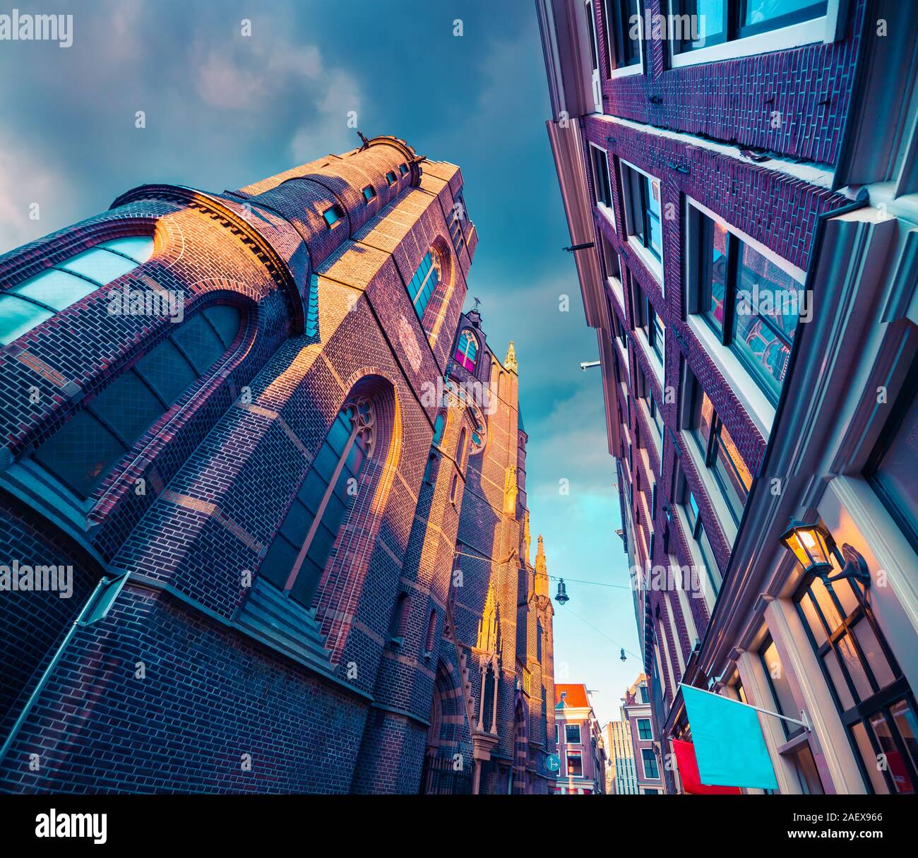 Elements of authentic Dutch architecture, wide angle shot in Amsterdam ...