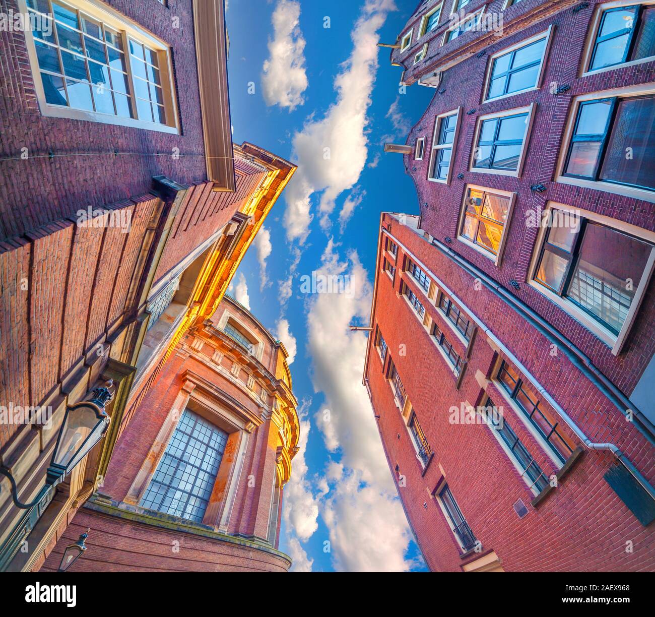 Elements of authentic Dutch architecture, wide angle shot in Amsterdam ...