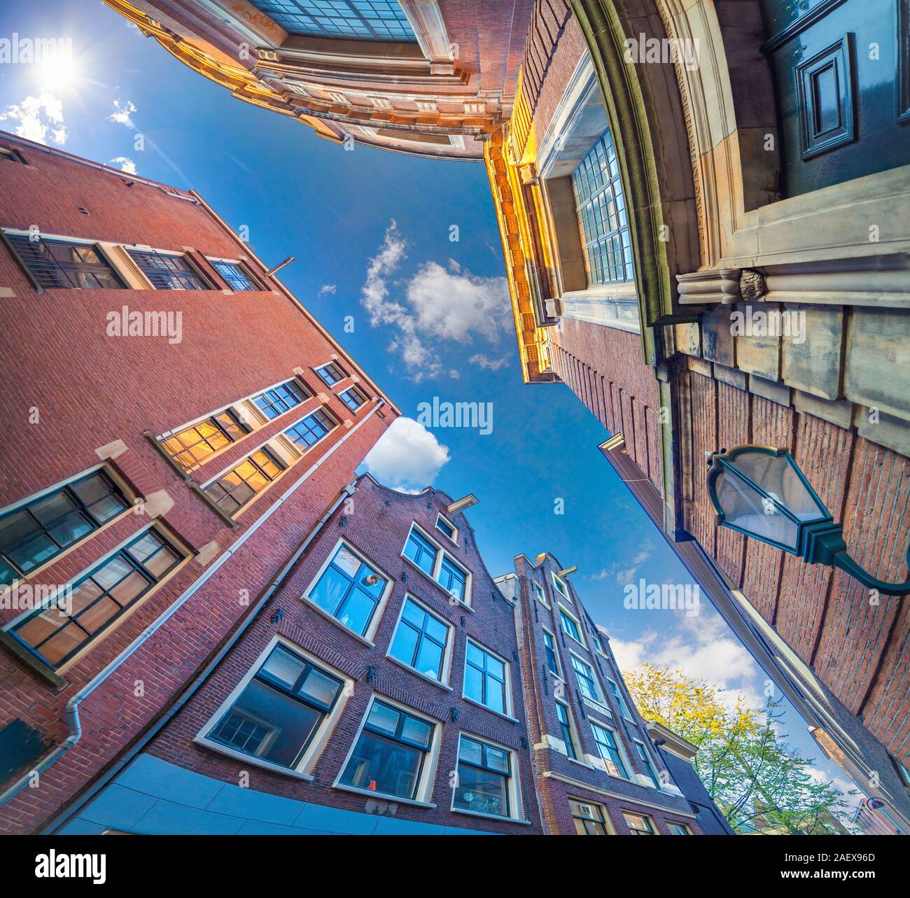 Elements of authentic Dutch architecture, wide angle shot in Amsterdam ...