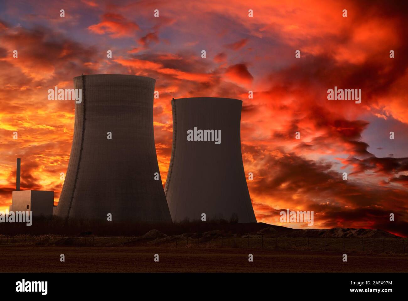 Nuclear power plant with an intense red and cloudy evening sky Stock ...