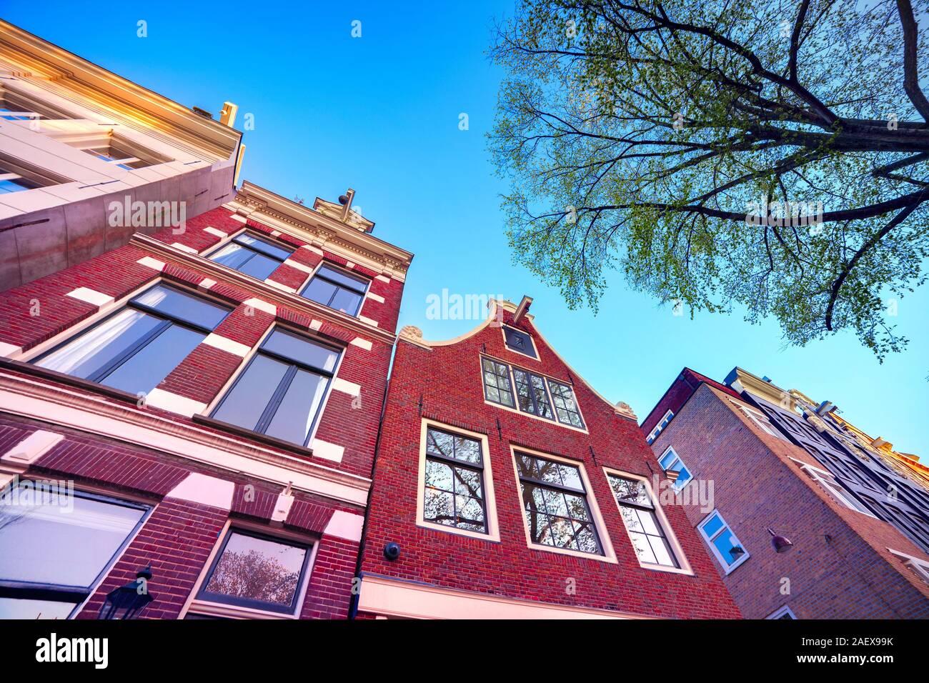 Elements of authentic Dutch architecture, wide angle shot in Amsterdam ...