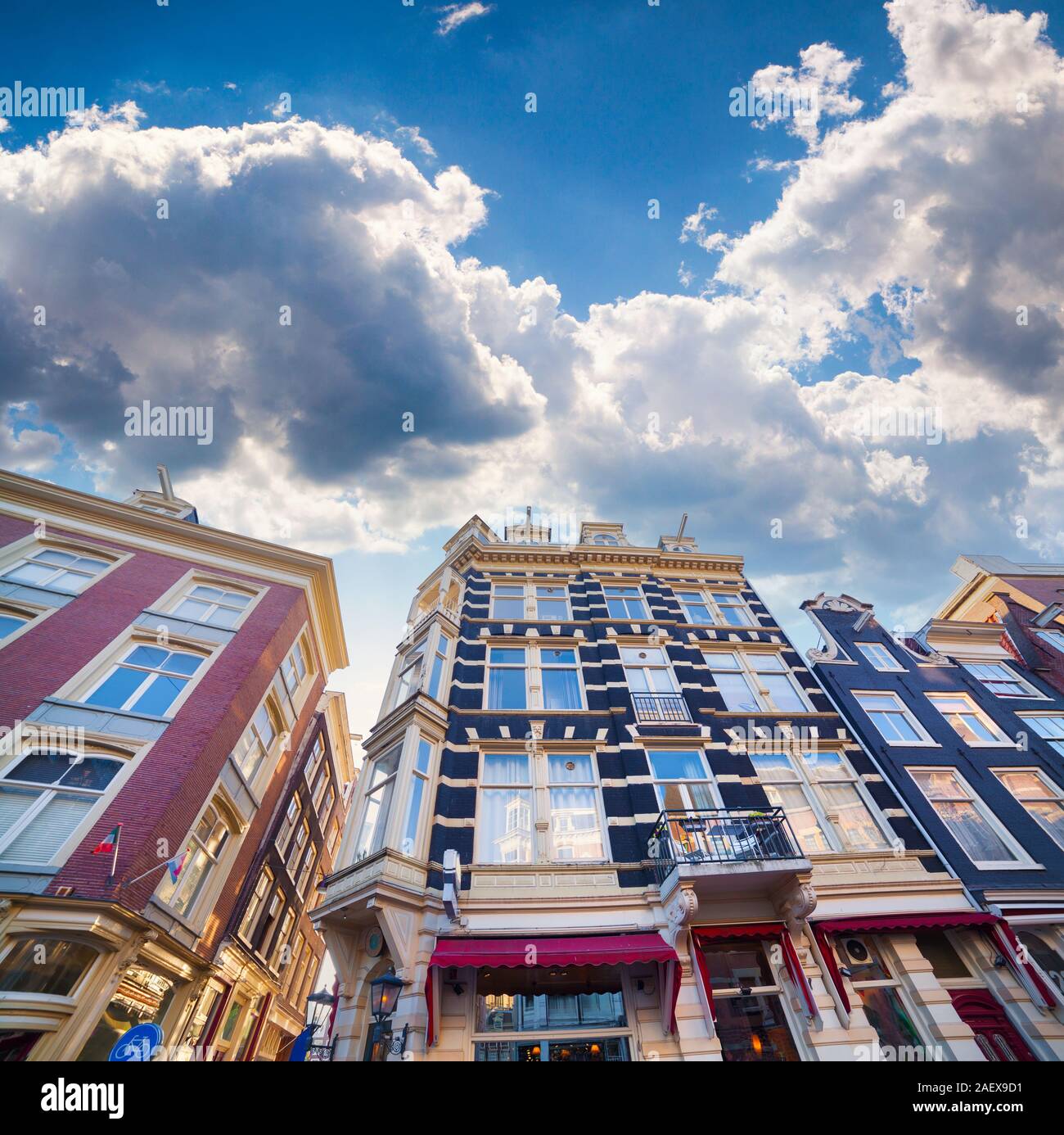 Elements of authentic Dutch architecture, wide angle shot in Amsterdam ...