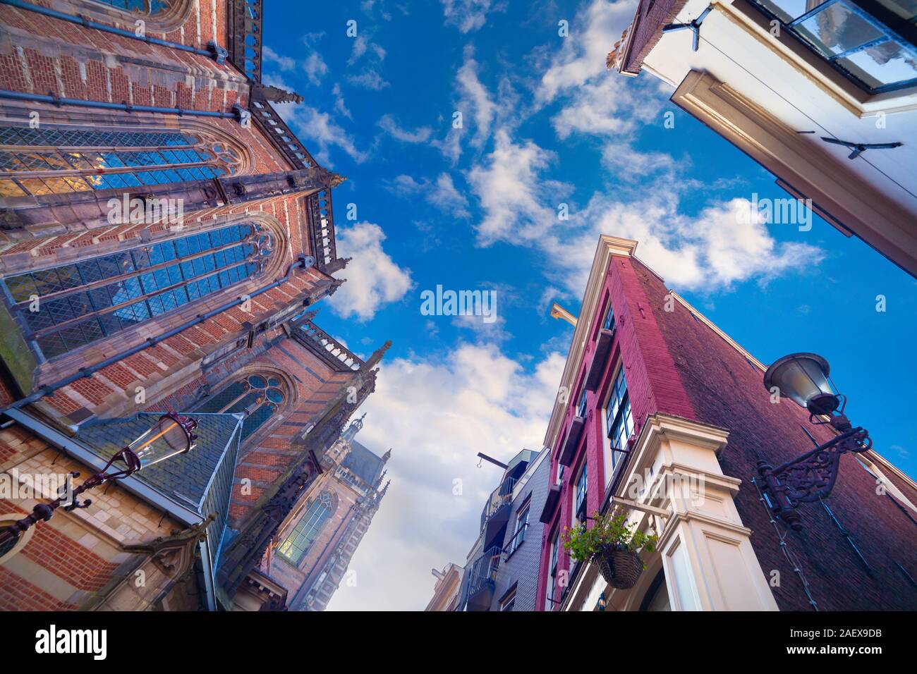 Elements of authentic Dutch architecture, wide angle shot in Amsterdam ...