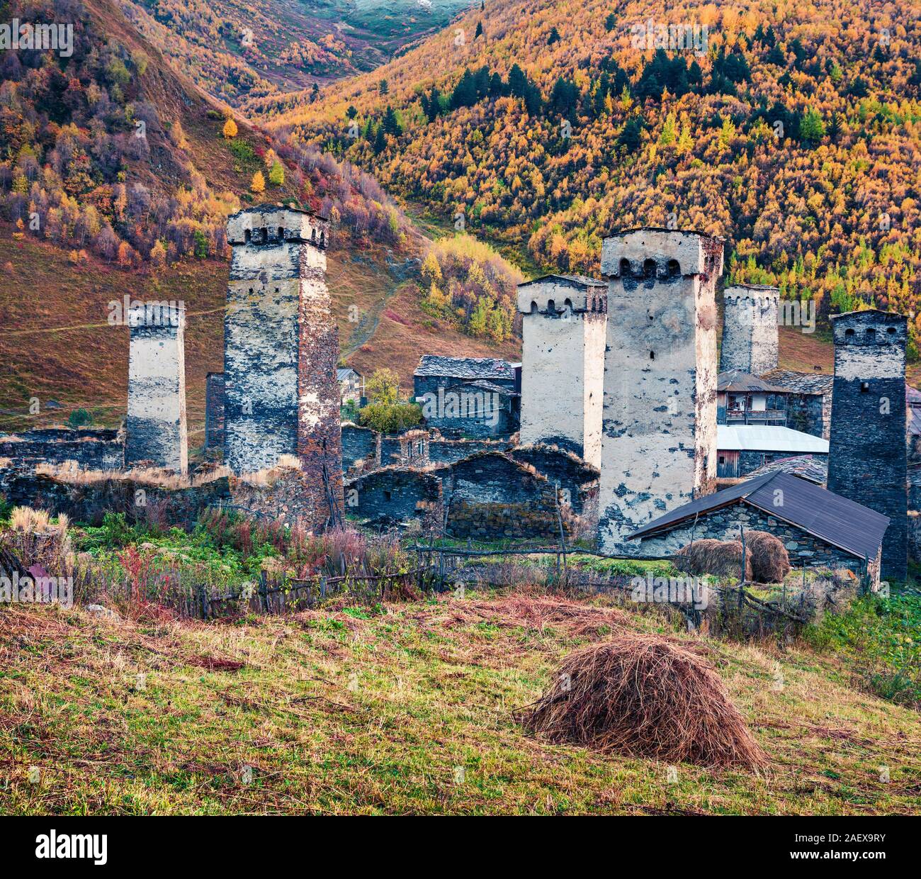 Colorful autumn scene in the famous highest inhabited village in Europe ...
