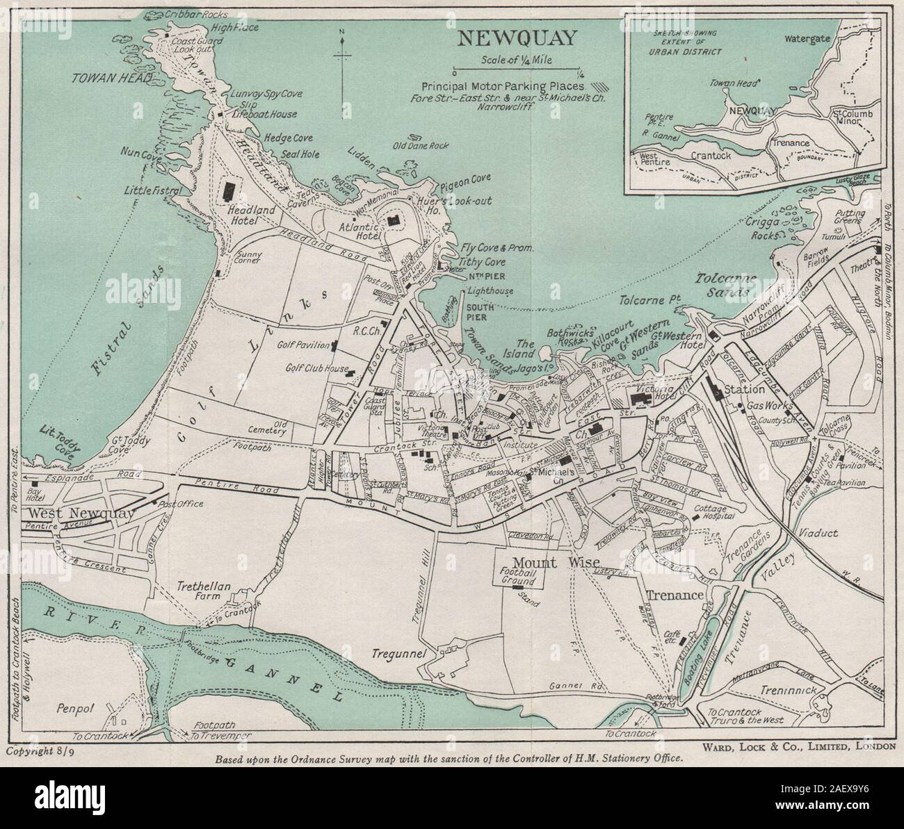 NEWQUAY vintage town/city plan. Cornwall. WARD LOCK 1948 old vintage ...
