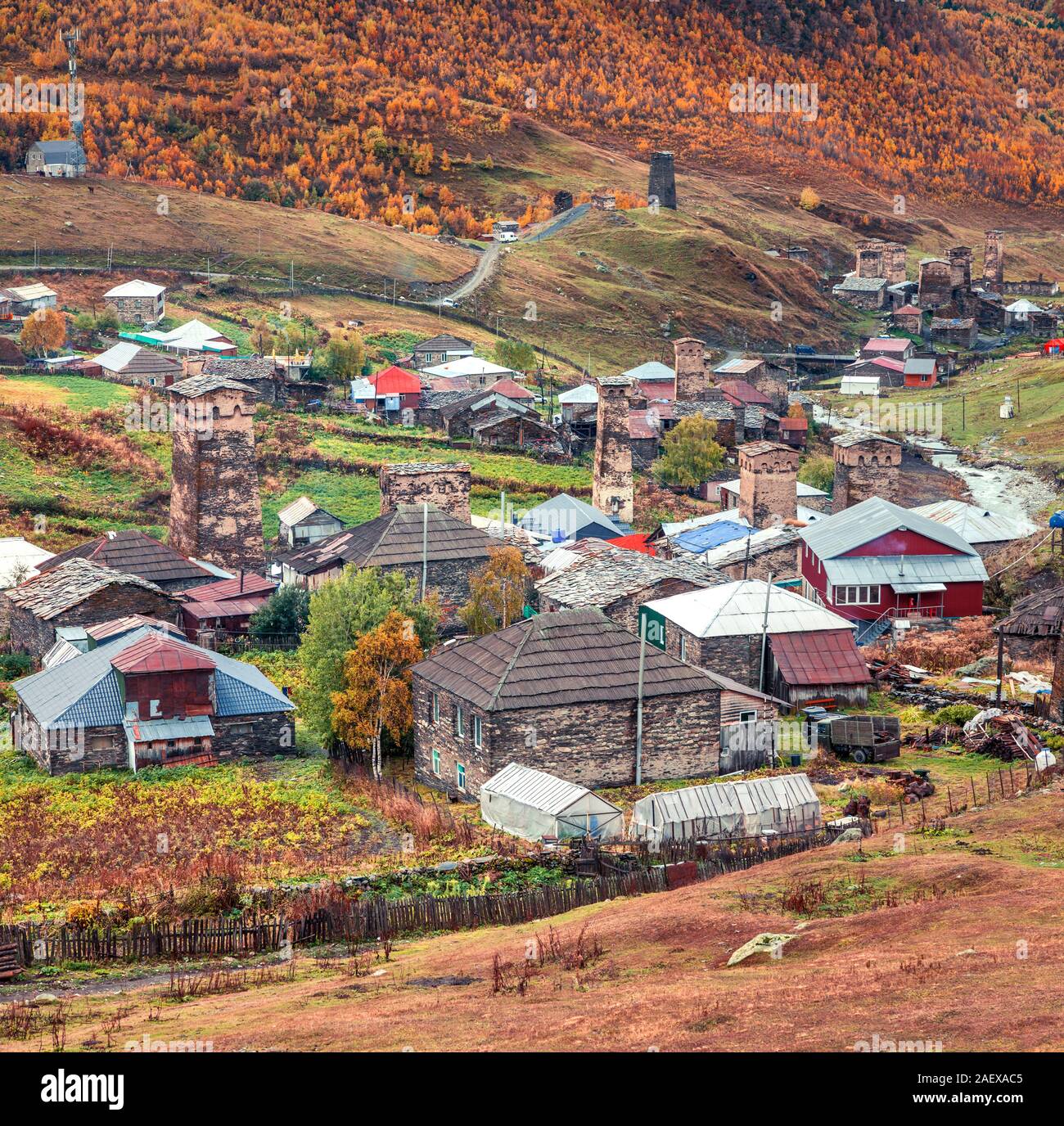 Colorful autumn morning in the famous highest inhabited village in ...