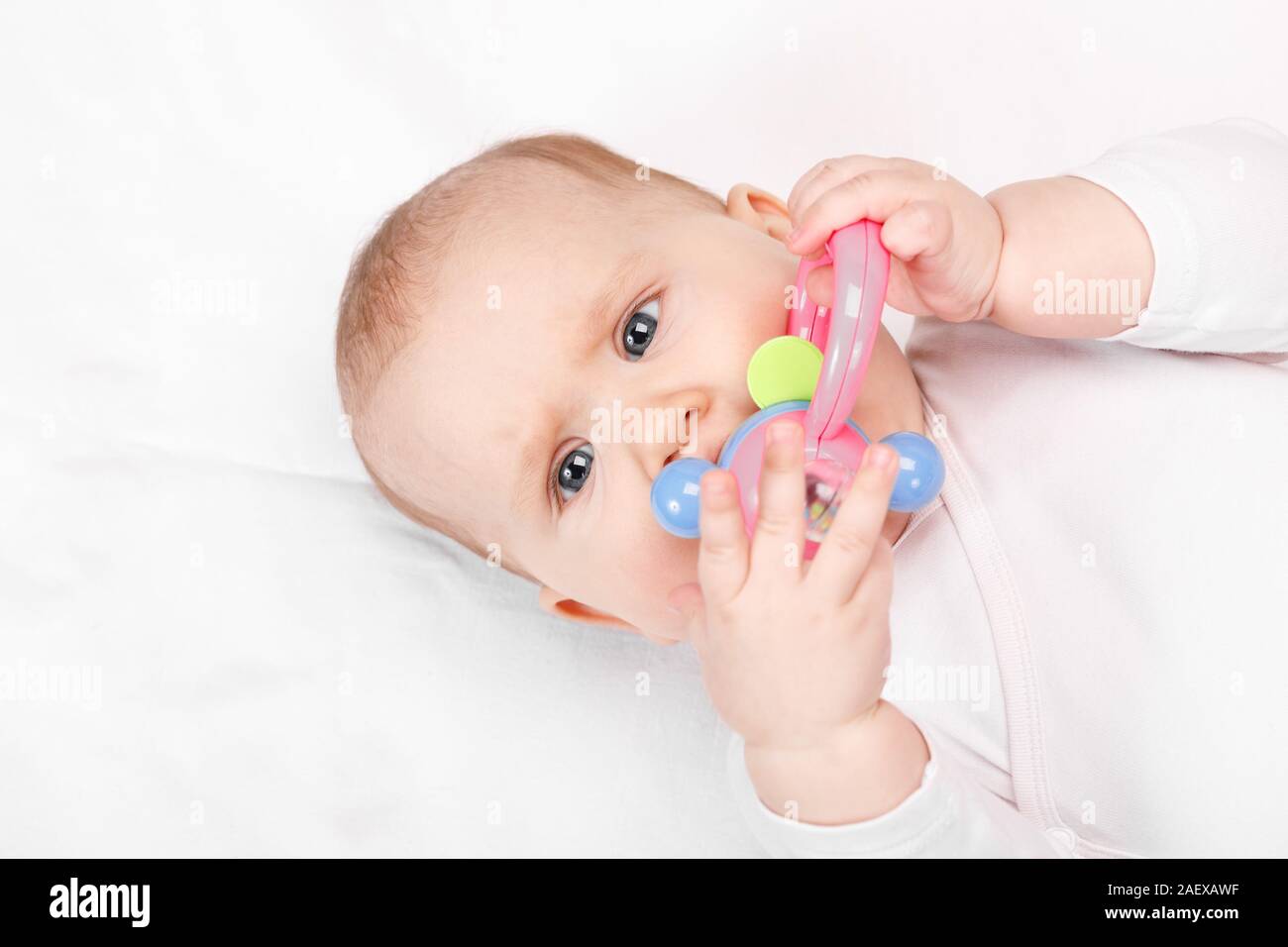 Six month baby girl chewing plastic teething toy lying on her back ...