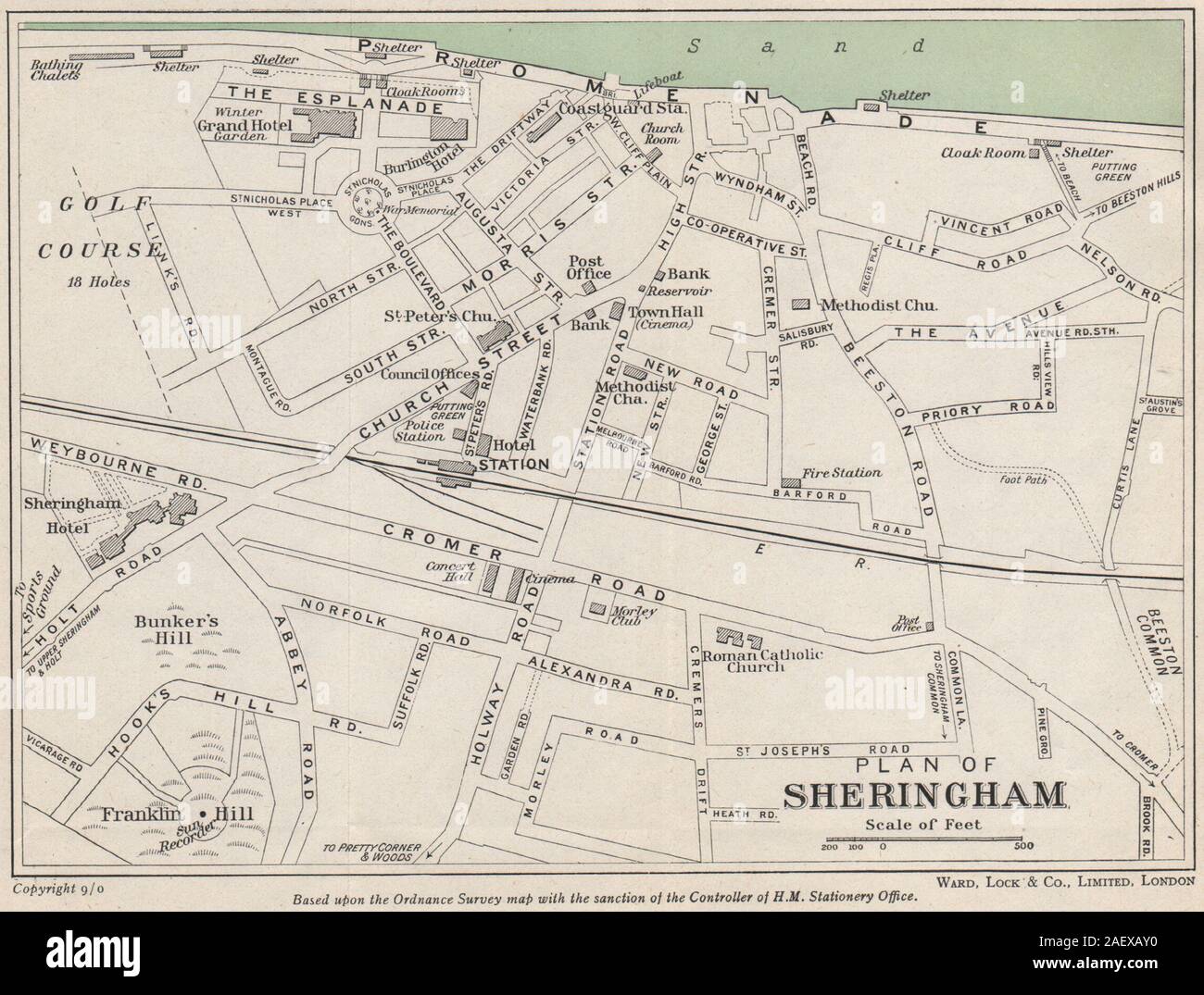 SHERINGHAM vintage town/city plan. Norfolk. WARD LOCK 1950 old vintage ...
