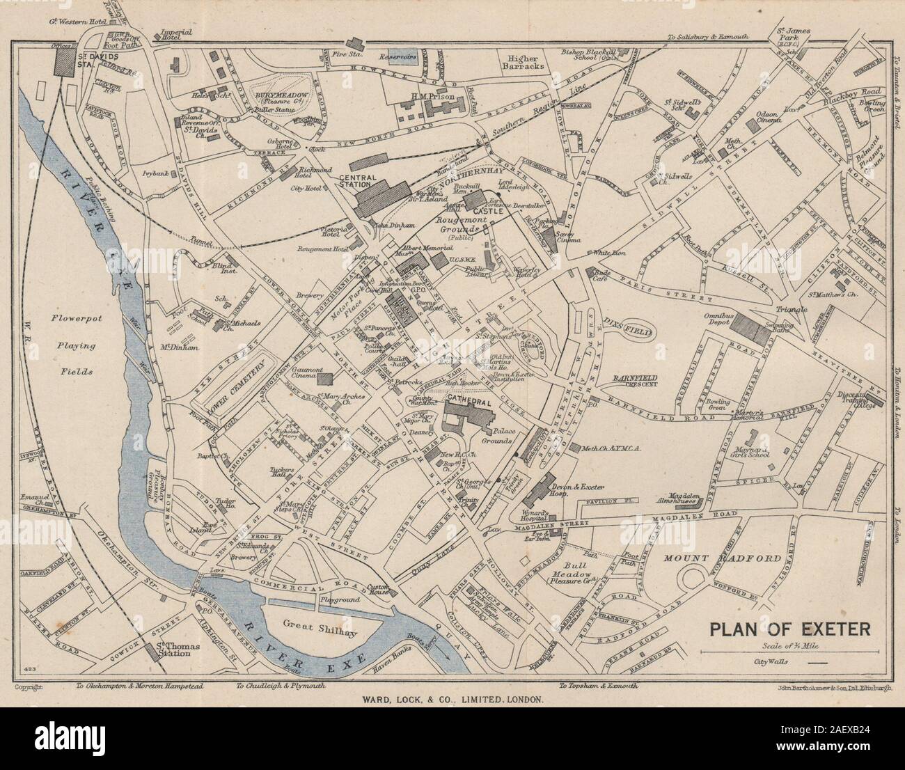 EXETER vintage town/city plan. Devon. WARD LOCK 1948 old vintage map ...