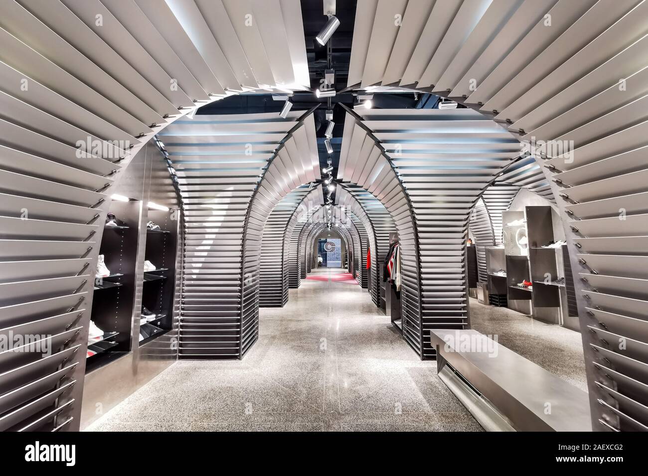 Interior view of a futuristic sportswear store decorated with nodized ...