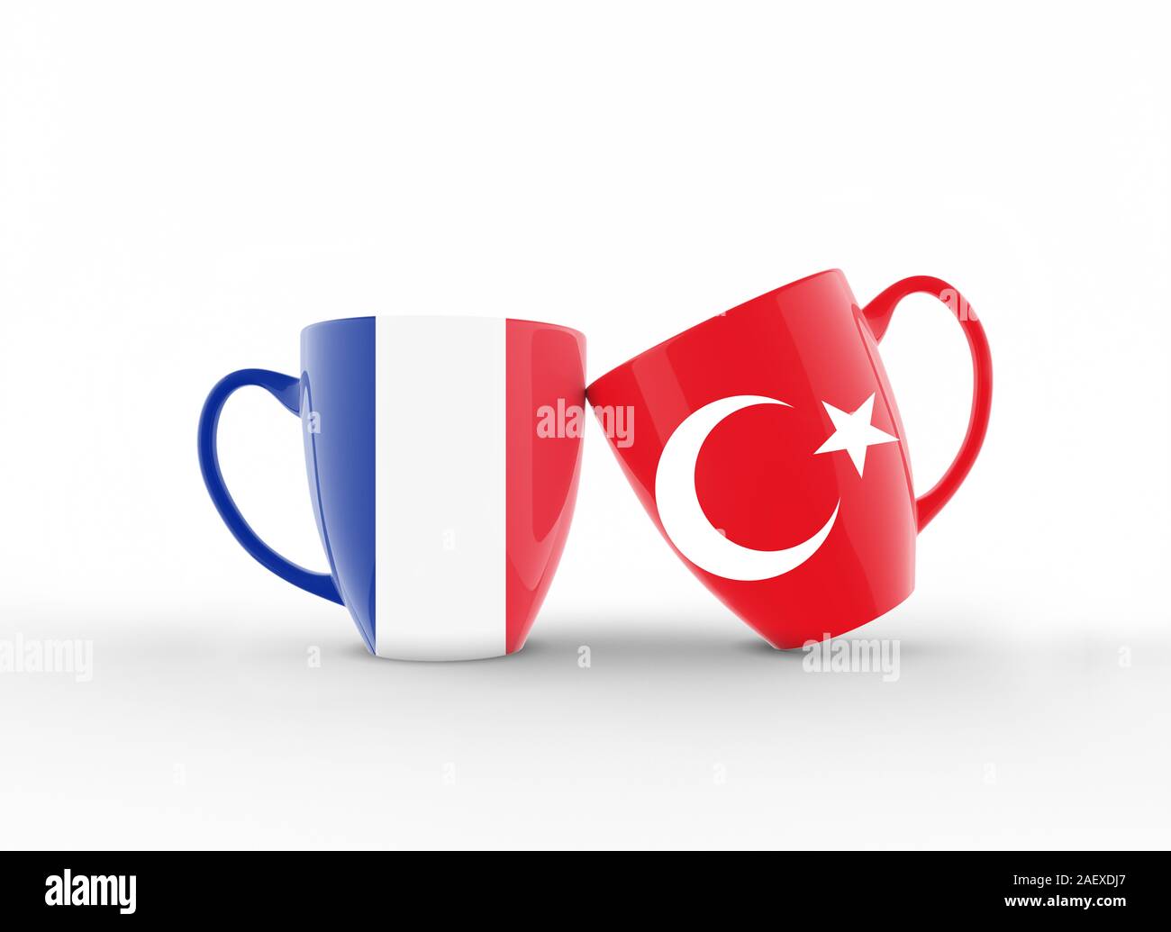 French and Turkish flags are together on coffe cups and celebrating ...