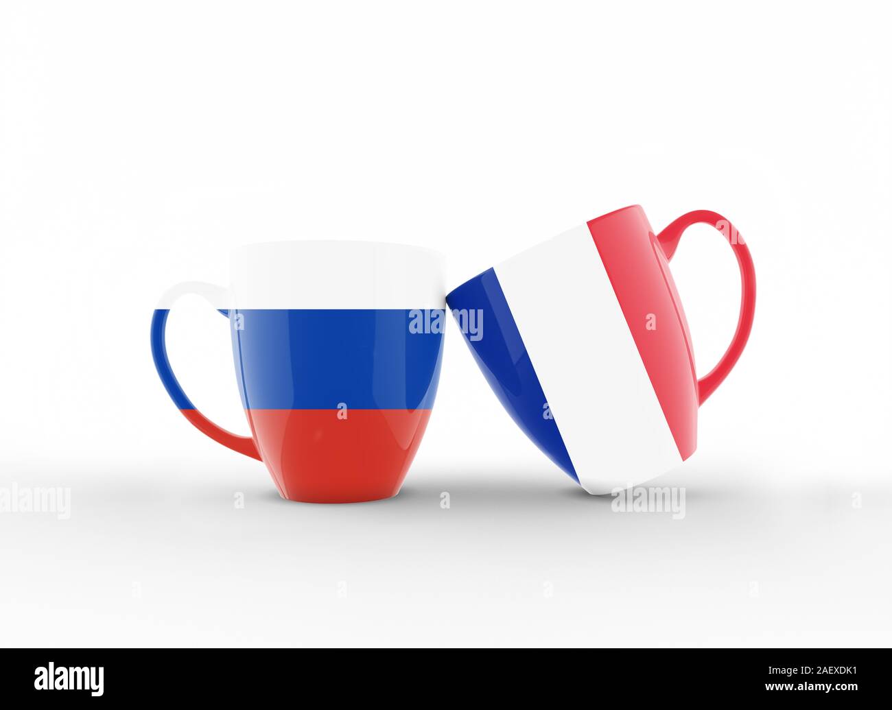 Russian and French flags are together on coffe cups and celebrating ...