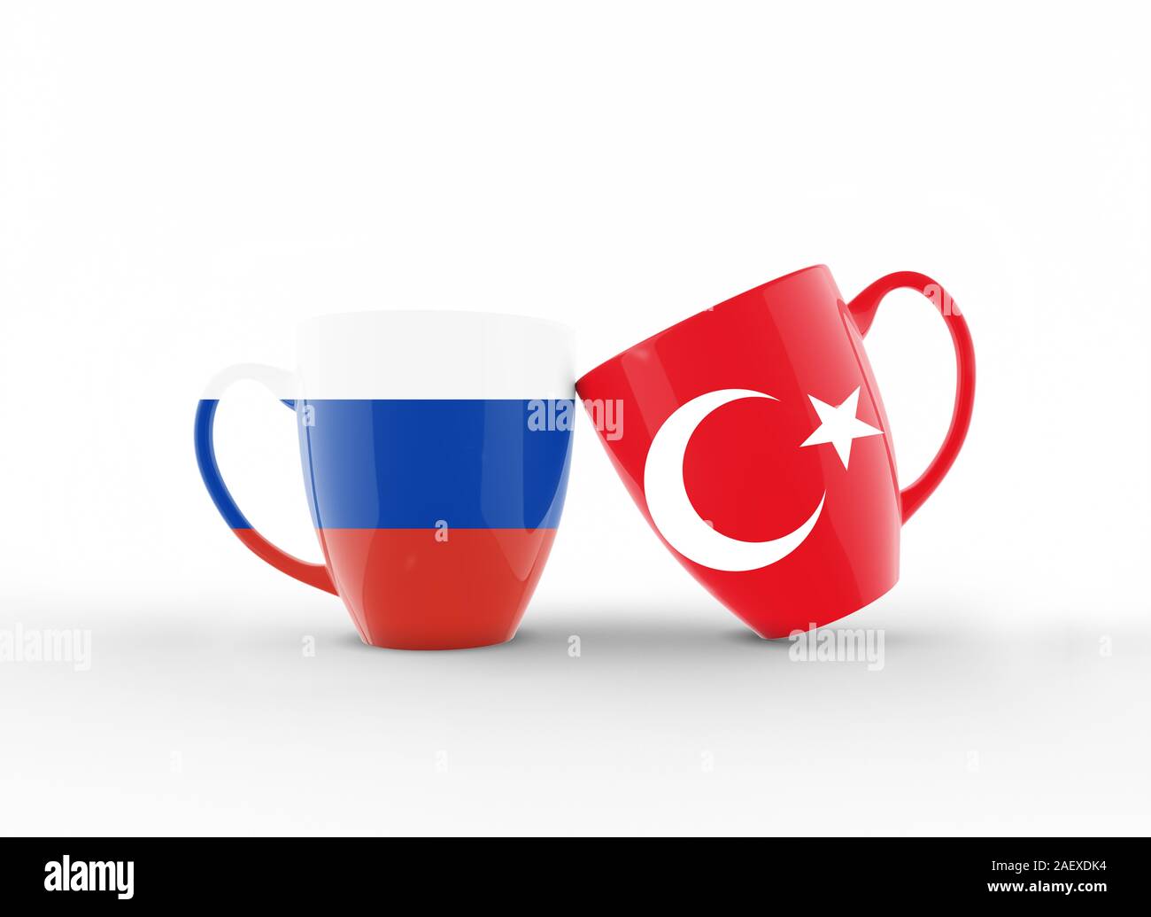 Russian and Turkish flags are together on coffe cups and celebrating ...