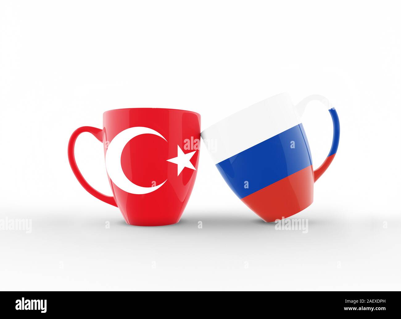Turkish and Russian flags are together on coffe cups and celebrating ...
