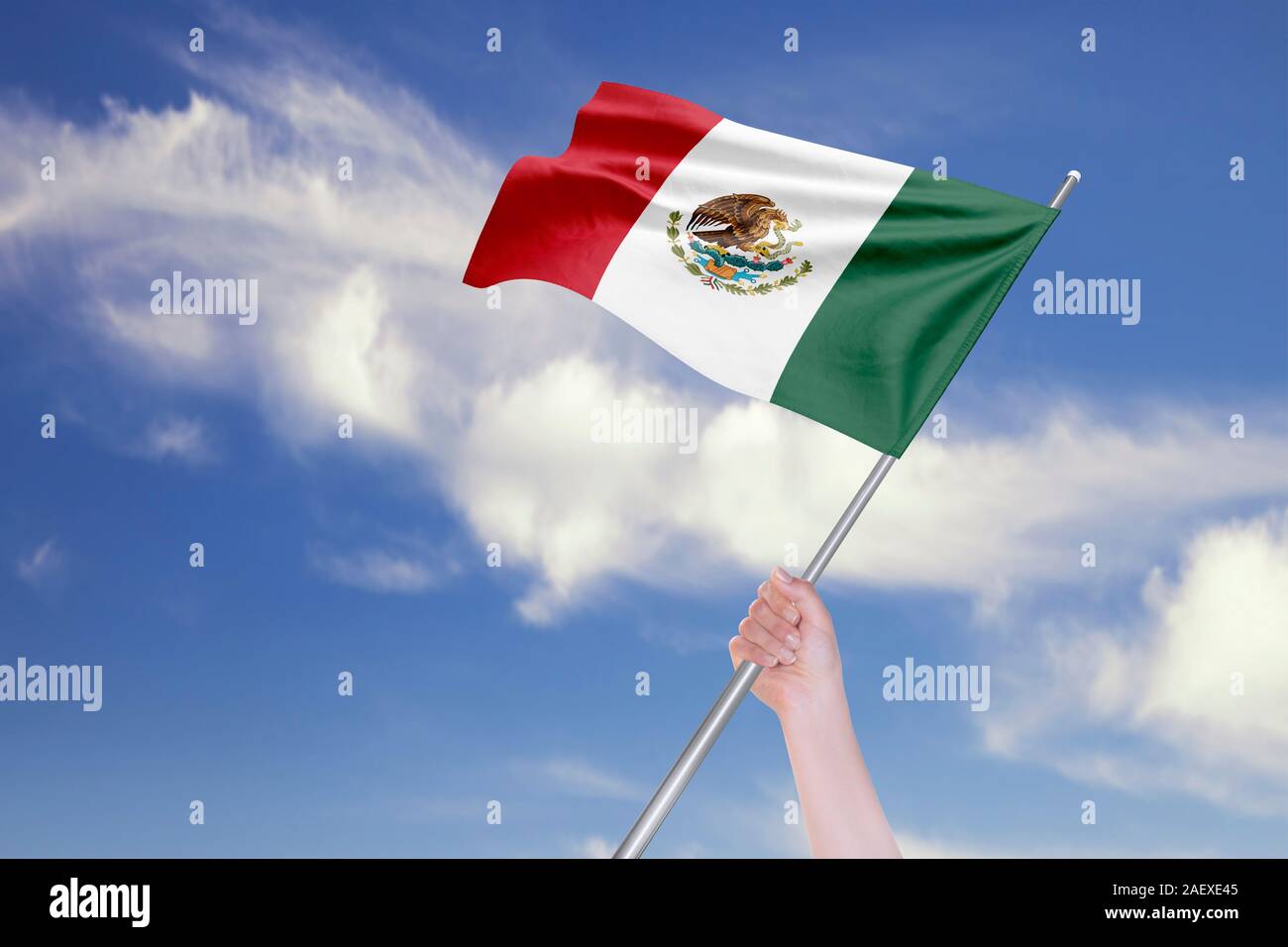 Female hand is waving Mexican Flag against blue sky with clouds ...